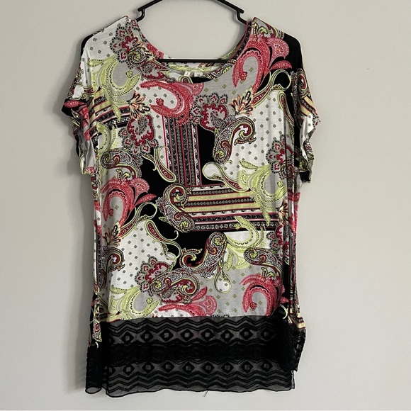 Cato | Tops | Cato Black Lime Green Hot Pink Paisley Print Lace Hem ...